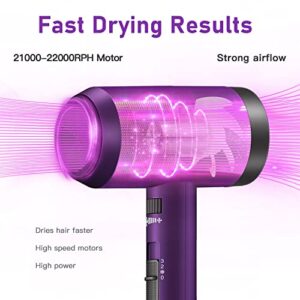 Ionic Hair Dryer, Portable Lightweight Diffuser Hair Dryer, Hair Blow Dryer with 2 Attachments Use for Curly/Wavy/Straighten Hair, Blow Dryer Fast Drying Ideal Chocie for Women and Girls Purple