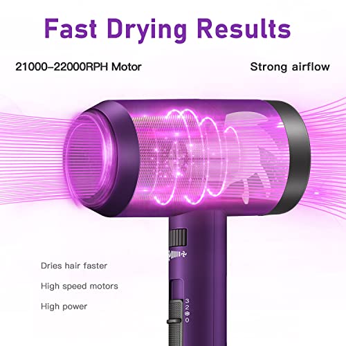 Ionic Hair Dryer, Portable Lightweight Diffuser Hair Dryer, Hair Blow Dryer with 2 Attachments Use for Curly/Wavy/Straighten Hair, Blow Dryer Fast Drying Ideal Chocie for Women and Girls Purple