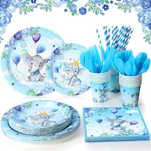 200 pcs elephant baby shower party supplies for 25 guests blue paper plates cups napkins straws tableware sets for boys baby shower decorations elephant theme 1st birthday party favors