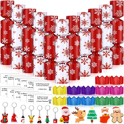 83 Pcs Christmas Party Table Non Snap Holiday Supplies, Include Christmas No Snap Crackers, Tissue Paper Cracker Hats, Christmas Jokes, Keychain and Brooch for Holidays, No Snap Strips (Red, White)