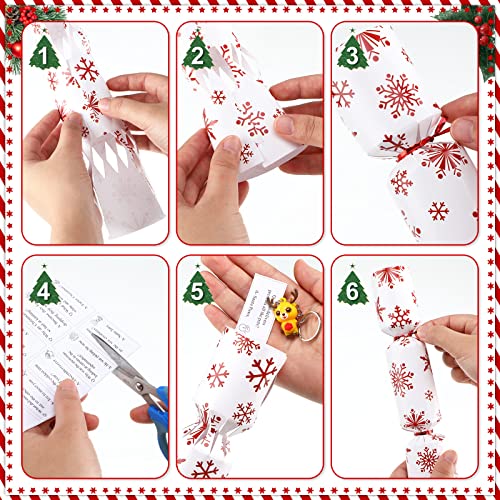 83 Pcs Christmas Party Table Non Snap Holiday Supplies, Include Christmas No Snap Crackers, Tissue Paper Cracker Hats, Christmas Jokes, Keychain and Brooch for Holidays, No Snap Strips (Red, White)