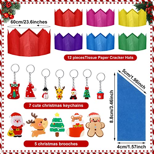 83 Pcs Christmas Party Table Non Snap Holiday Supplies, Include Christmas No Snap Crackers, Tissue Paper Cracker Hats, Christmas Jokes, Keychain and Brooch for Holidays, No Snap Strips (Red, White)