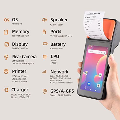 Bisofice POS Receipt Printer Android 8.1 1D/2D Barcode Scanner PDA Terminal 3G WiFi BT Communication with 5.0" Touchscreen 58mm Width/NFC Thermal Label Printing for Supermarket Restaurant (NFC PDA)