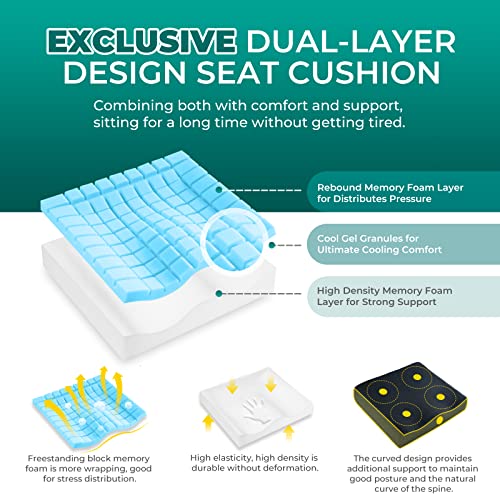 Seat Cushion Office Chair Pad: 4 Inch Extra Thick Dual Layer Memory Foam Seat Cushions for Coccyx Tailbone Sciatica Back Pain Relief, Soft Support Long Sitting for Computer Desk, Wheelchair, Car Seat