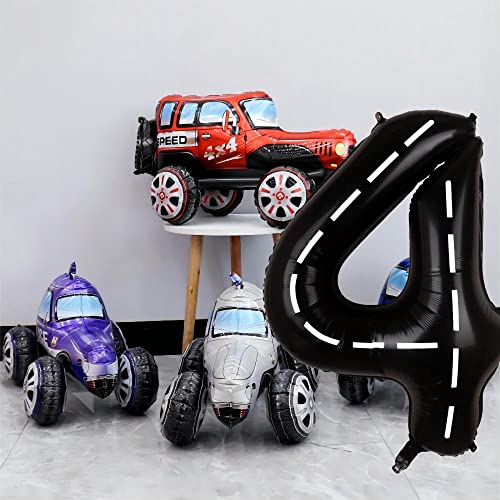 Race Car Birthday Balloon Number 4-40 Inch Big Foil Mylar Racetrack Black 4 Balloon for Boys 4th Birthday Party Decorations Racing Car Theme Party Supplies Anniversary Celebrations Decor