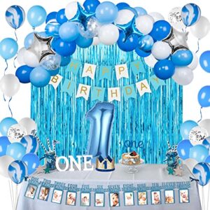 JOYYPOP 1st Birthday Boy Decorations 66PCS Blue 1st Birthday Decorations for Boy with 12 Months Photo Banner, 1st Birthday Baby Crown, Cake Topper, 1st Birthday Highchair Banner