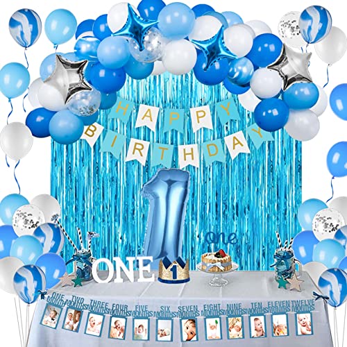 JOYYPOP 1st Birthday Boy Decorations 66PCS Blue 1st Birthday Decorations for Boy with 12 Months Photo Banner, 1st Birthday Baby Crown, Cake Topper, 1st Birthday Highchair Banner