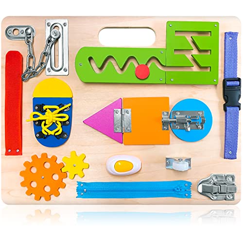 Montessori Busy Board for Toddlers, Wooden Sensory Toys, Preschool Learning Activities for Fine Motor Skills Travel Toy, Basic Life Skills Educational Gifts for 1 2 3 Years Old Kids Boys Girls