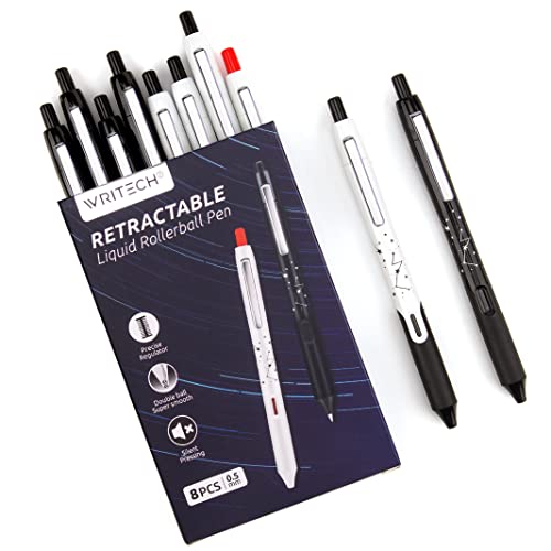 Writech Retractable Liquid Rollerball Pen: Click Silent Multicolor Rolling Ball Pens Black & Red Ink Color-Writing Journaling Notetaking Sketching 8ct Smooth 0.5mm Fine Point Tip No Bleed Smear Smudge