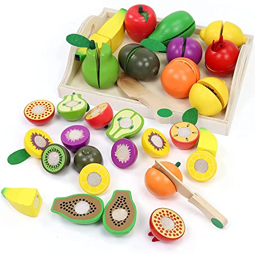 Wooden Play Food Sets for Kids Kitchen Accessories Cutting Montessori Toys for 2 Year Old Toddlers Pretend Play Fake Fruit Vegetable Egg Fillers Birthday Easter Gifts for 3 4 Years Girls Boys