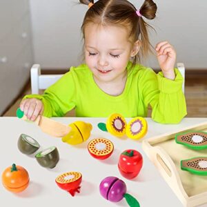 Wooden Play Food Sets for Kids Kitchen Accessories Cutting Montessori Toys for 2 Year Old Toddlers Pretend Play Fake Fruit Vegetable Egg Fillers Birthday Easter Gifts for 3 4 Years Girls Boys