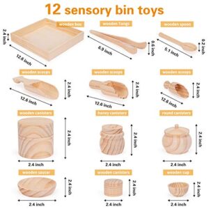 Sensory Bin Tools with Wooden Box, Montessori Toys for Toddlers, Sensory Toys, Set of 12 Wooden Scoops and Wooden Tongs for Transfer Work and Fine Motor Learning, Motor Skills Development