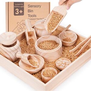 sensory bin tools with wooden box, montessori toys for toddlers, sensory toys, set of 12 wooden scoops and wooden tongs for transfer work and fine motor learning, motor skills development