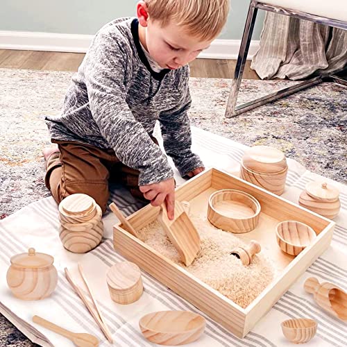 Sensory Bin Tools with Wooden Box, Montessori Toys for Toddlers, Sensory Toys, Set of 12 Wooden Scoops and Wooden Tongs for Transfer Work and Fine Motor Learning, Motor Skills Development