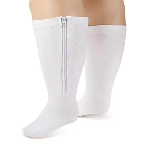 Plus Size Zipper Compression Socks Women Men 15-20mmhg Closed Toe Compression Stocking Knee High Compression Socks with Zipper Calf Zip up Support Hose for Walking Running, White