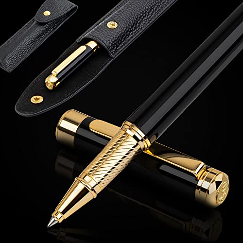 Elizo Luxury Pen Fancy Pens Real 24K Gold Plated Trim Leather Pen Case Nice Pen Gift Set Rollerball Schmidt Ink Refill Cool Pens Best Pens Cute Pens EDC Pen Executive Smooth Writing Pens for Men Women