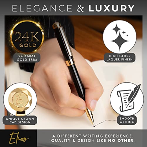 Elizo Luxury Pen Fancy Pens Real 24K Gold Plated Trim Leather Pen Case Nice Pen Gift Set Rollerball Schmidt Ink Refill Cool Pens Best Pens Cute Pens EDC Pen Executive Smooth Writing Pens for Men Women