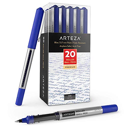 ARTEZA Rollerball Pens, Pack of 20, 0.7mm Blue Liquid Ink Pens for Bullet Journaling Fine Point Rollerball, Office Supplies for Writing, Taking Notes & Sketching