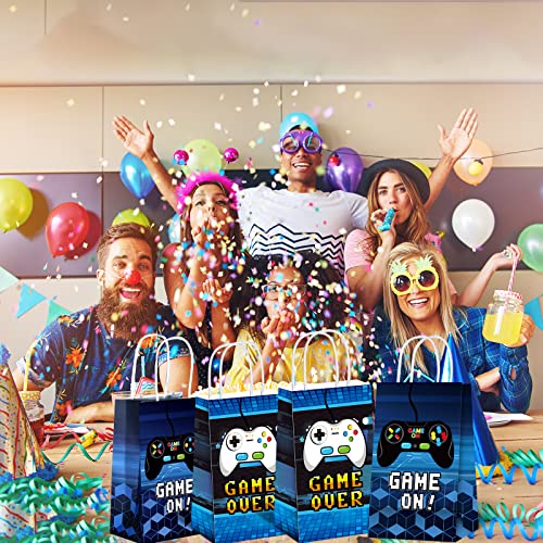 Epakh 16 Pack Game Party Gift Bags Video Game Theme Birthday Party Treat Bags Blue Candy Goodie Bags Kraft Wrap Bags with Handles for Boys Kids Birthday Party Baby Shower Favors Supplies