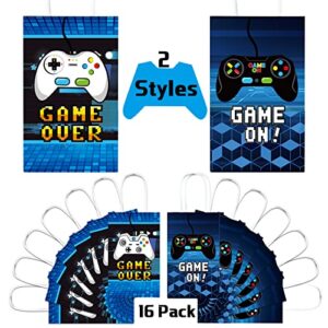 Epakh 16 Pack Game Party Gift Bags Video Game Theme Birthday Party Treat Bags Blue Candy Goodie Bags Kraft Wrap Bags with Handles for Boys Kids Birthday Party Baby Shower Favors Supplies