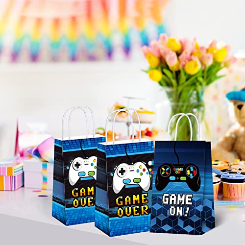 Epakh 16 Pack Game Party Gift Bags Video Game Theme Birthday Party Treat Bags Blue Candy Goodie Bags Kraft Wrap Bags with Handles for Boys Kids Birthday Party Baby Shower Favors Supplies