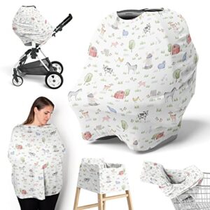 sweet jojo designs farm animals boy girl infant baby car seat cover nursing breastfeeding shopping cart stroller canopy grey red black and white gender netural watercolor farmhouse green barn horse