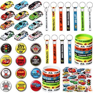 98 pcs race cars party favor supplies kit racecar birthday themed decoration set with mini race cars toys cartoon transportation stickers keychain wristband bracelet badge pack for boys girls