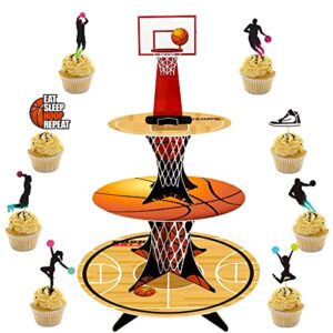 basketball party decorations cupcake stand with 24pcs basketball cupcake toppers for kids boys basketball sports game themed birthday party supplies basketball 3 tier cupcake tower