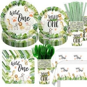 fvabo wild one birthday decorations tableware - safari birthday decorations including plates, cups, napkins, tablecloth, straws, cutlery, animal jungle theme wild one party supplies | serve 24