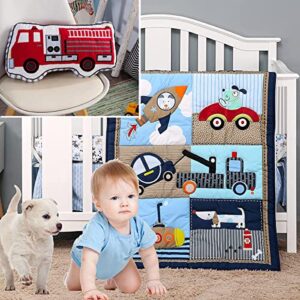 brandream boys fire truck pillow & 3pcs cars baby crib bedding set with patchwork rocket submarine