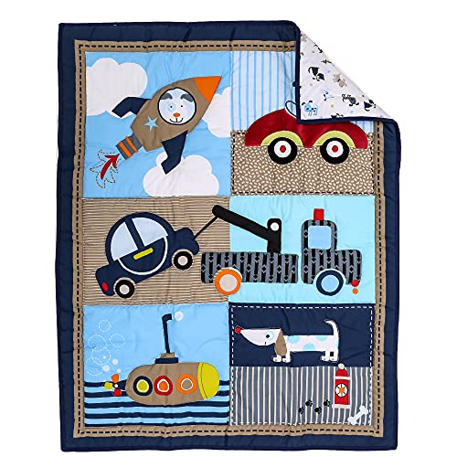 Brandream Boys Fire Truck Pillow & 3Pcs Cars Baby Crib Bedding Set with Patchwork Rocket Submarine