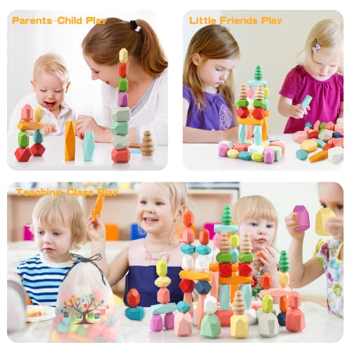 48PCS Toddler Wooden Stacking Building Blocks Montessori Toys for 1 2 3 4 5 6 Year Old Girls Boys Preschool Educational Sensory Toys for Toddlers 1-3 STEM Learning Toys Ages 2-4 Kids Toys Games Gift