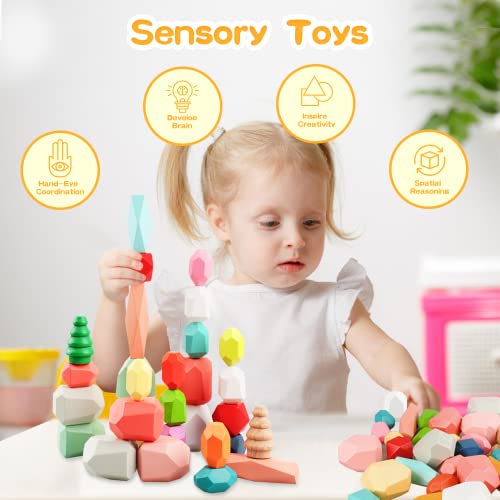 48PCS Toddler Wooden Stacking Building Blocks Montessori Toys for 1 2 3 4 5 6 Year Old Girls Boys Preschool Educational Sensory Toys for Toddlers 1-3 STEM Learning Toys Ages 2-4 Kids Toys Games Gift