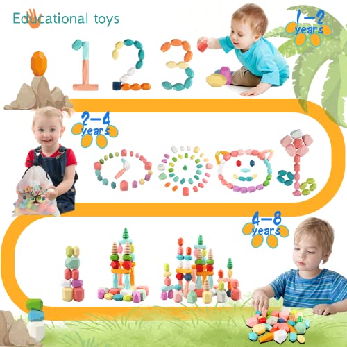 48PCS Toddler Wooden Stacking Building Blocks Montessori Toys for 1 2 3 4 5 6 Year Old Girls Boys Preschool Educational Sensory Toys for Toddlers 1-3 STEM Learning Toys Ages 2-4 Kids Toys Games Gift