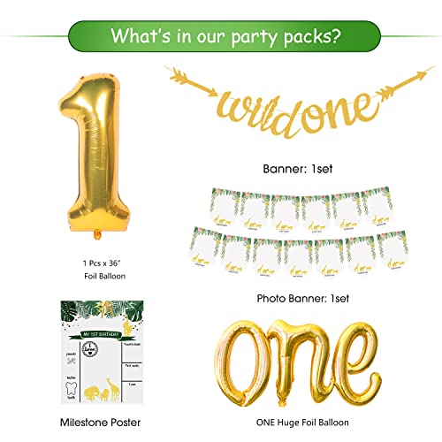 HIPEEWO Wild One Birthday Decorations - Jungle Theme Party Supplies for First Birthday, Balloons Garland Arch, High Chair Banner, Balloon Boxes, Backdrop, Crown, Animal Safari 1st Birthday Decorations