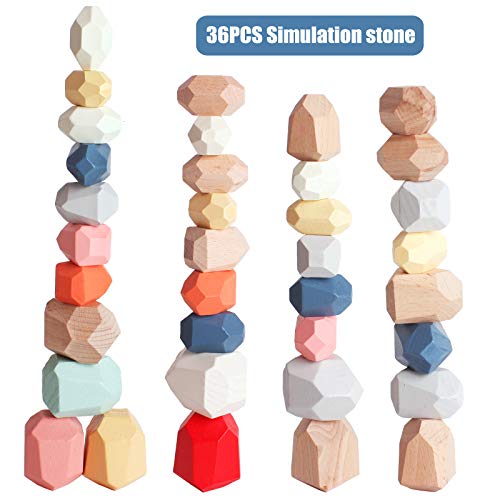 BESTAMTOY 36 PCs Wooden Sorting Stacking Rocks Balancing Stones,Educational Preschool Learning Montessori Toys, Building Blocks Game for Kids 1 2 3 4 5 6 Years Boy and Girl Birthday for Kids