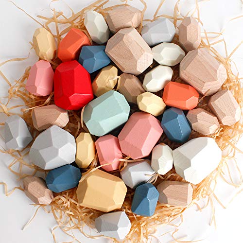 BESTAMTOY 36 PCs Wooden Sorting Stacking Rocks Balancing Stones,Educational Preschool Learning Montessori Toys, Building Blocks Game for Kids 1 2 3 4 5 6 Years Boy and Girl Birthday for Kids