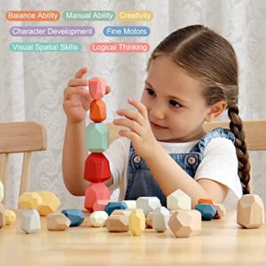 BESTAMTOY 36 PCs Wooden Sorting Stacking Rocks Balancing Stones,Educational Preschool Learning Montessori Toys, Building Blocks Game for Kids 1 2 3 4 5 6 Years Boy and Girl Birthday for Kids