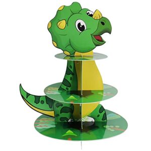 dinosaur cupcake stand 3 tier, dinosaur birthday party decorations for kids boys,cute dinosaur triceratop dessert tower, dinosaur theme party supplies