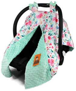 dear baby gear baby car seat canopy cover, floral watercolor roses in shades of pink, mint minky