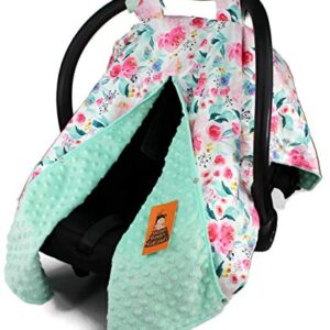 Dear Baby Gear Baby Car Seat Canopy Cover, Floral Watercolor Roses in Shades of Pink, Mint Minky