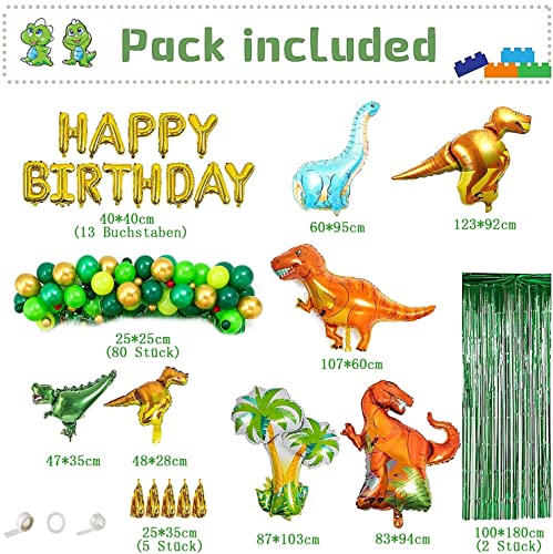 110 pcs Dinosaur Birthday Party Decorations, Ribbon Dot Glue Green Party Decorations Dinosaur Birthday Party Supplies with Happy Birthday Banner Dino Party Decoration for Boys (Gold&Green)