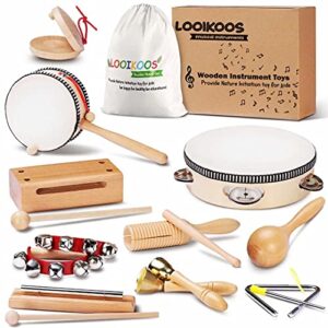 looikoos toddler musical instruments natural wooden percussion instruments toy for kids preschool educational, musical toys set for boys and girls with storage bag