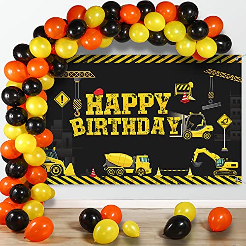 58 Pieces Construction Birthday Party Supplies Include Excavator Bulldozer Foil Balloon, Table Cover, Backdrop, Black Yellow Orange Balloon and Balloon Chain for Kids Dump Truck Party Decorations