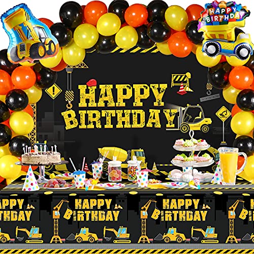 58 Pieces Construction Birthday Party Supplies Include Excavator Bulldozer Foil Balloon, Table Cover, Backdrop, Black Yellow Orange Balloon and Balloon Chain for Kids Dump Truck Party Decorations