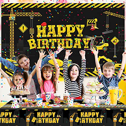 58 Pieces Construction Birthday Party Supplies Include Excavator Bulldozer Foil Balloon, Table Cover, Backdrop, Black Yellow Orange Balloon and Balloon Chain for Kids Dump Truck Party Decorations