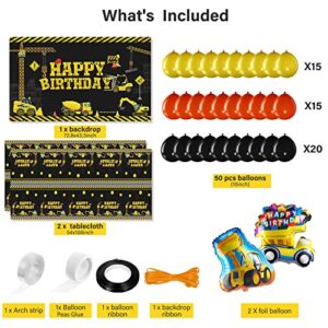 58 Pieces Construction Birthday Party Supplies Include Excavator Bulldozer Foil Balloon, Table Cover, Backdrop, Black Yellow Orange Balloon and Balloon Chain for Kids Dump Truck Party Decorations