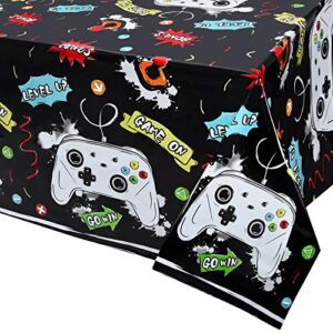 watercolor video game party tablecloth - 2 pack 54'' x 108'' video game party supplies for boys birthday party decoration disposable plastic table cover for kids player geek game themed party