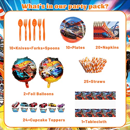 169 PCS Race Car Birthday Party Supplies, Car Theme Decorations for Serves 10 Guests, Include Banner, Cupcake Toppers, Hanging Swirls, Backdrop, Tablewares, Balloons, Tablecloth and Tattoo Stickers