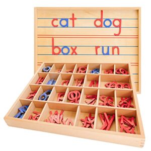 movable alphabet montessori wooden letters- moveable alphabet with box letter mats - lower case letters - writing, reading, spelling, and language learning materials (red and blue)